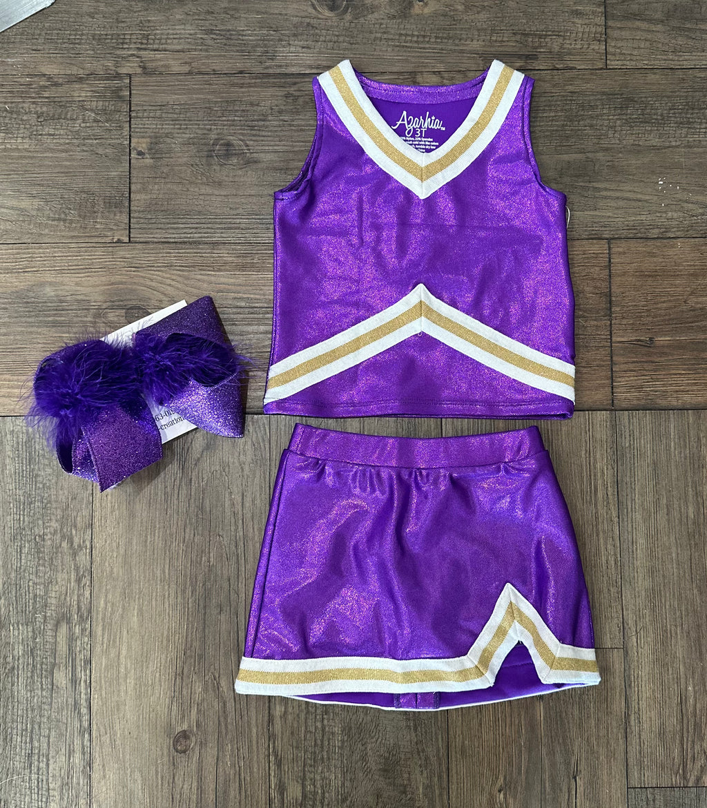 Shimmer Cheer Suit Purple And Gold For Girls – Chickie Collective